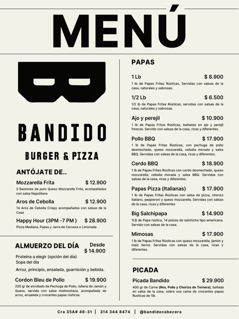 Menú del Restaurante El Bandido | PDF | Pizza | Hamburguesas