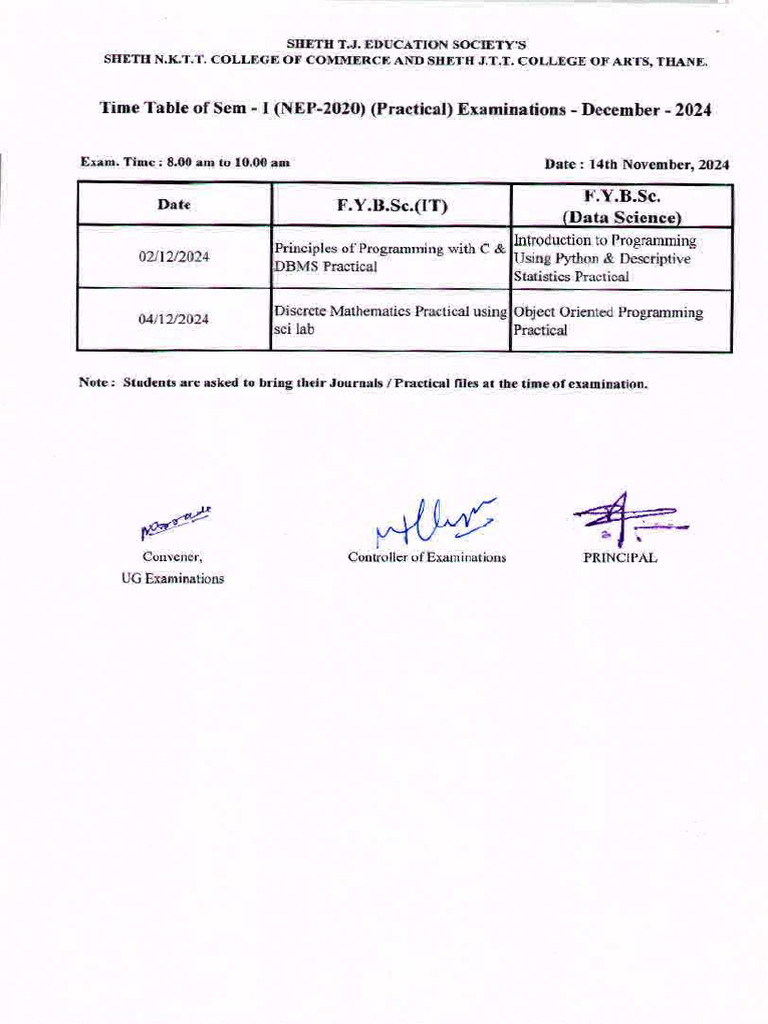 Time Table of FYBSc. (IT) and FYBSc. (Data Science) Sem - I (NEP-2020 ...