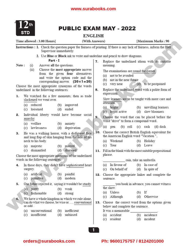 12th English Public Exam 2022 Solutions | PDF | Telephone | Camera