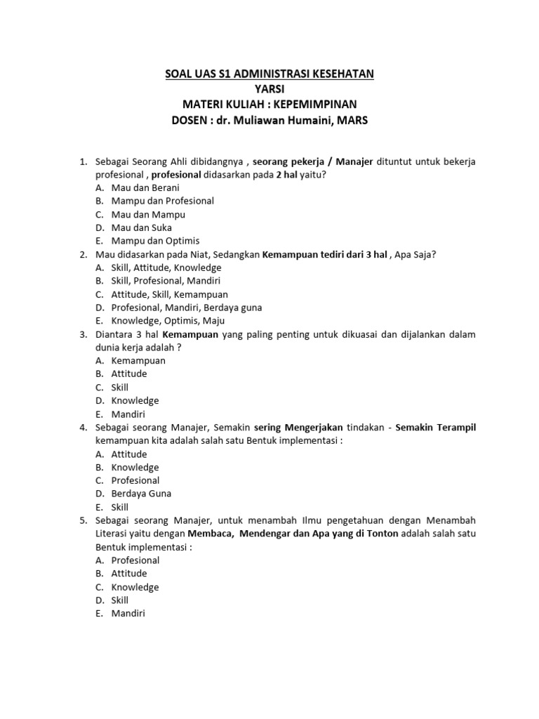 Soal Uas S1 Administrasi Kesehatan | PDF | Karier & Perkembangan
