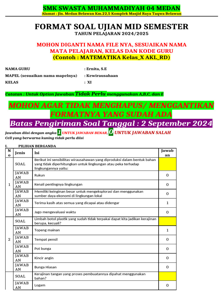 Format Soal Mid Sem 1 (Er) | PDF
