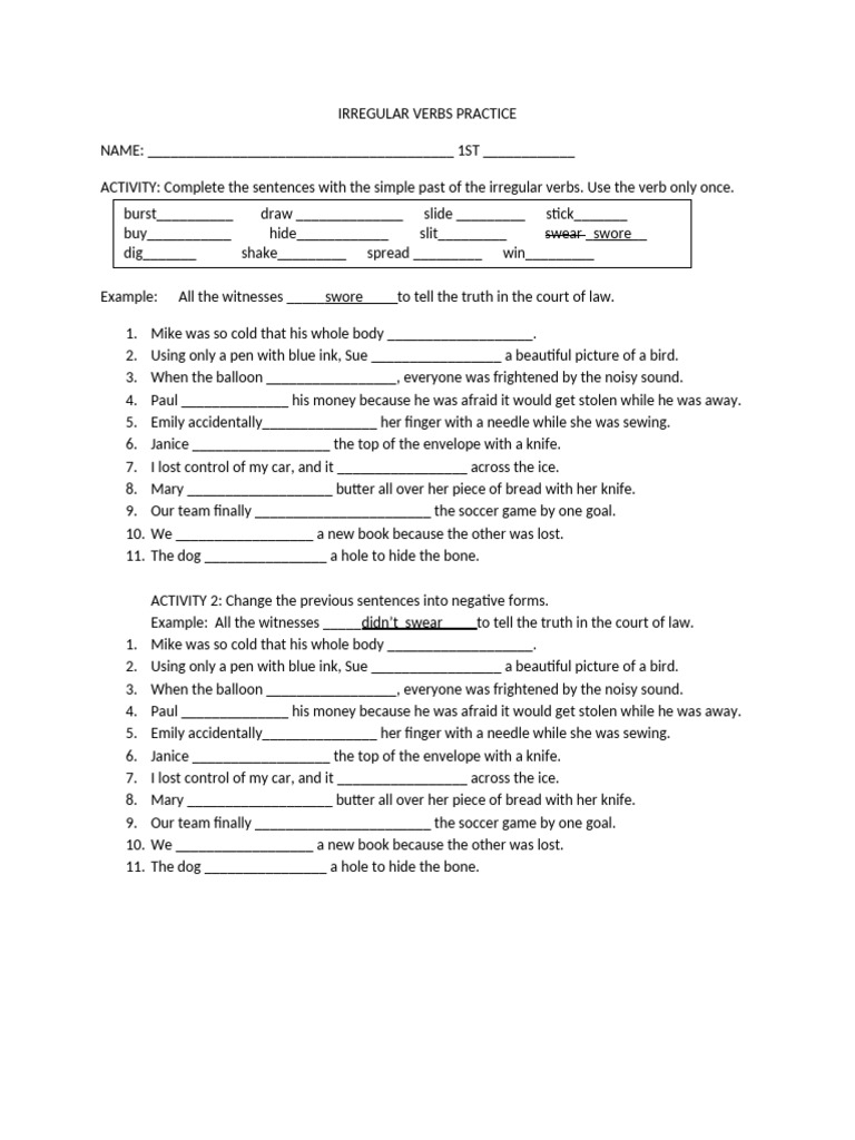 Irregular Verbs Practice Worksheet | PDF