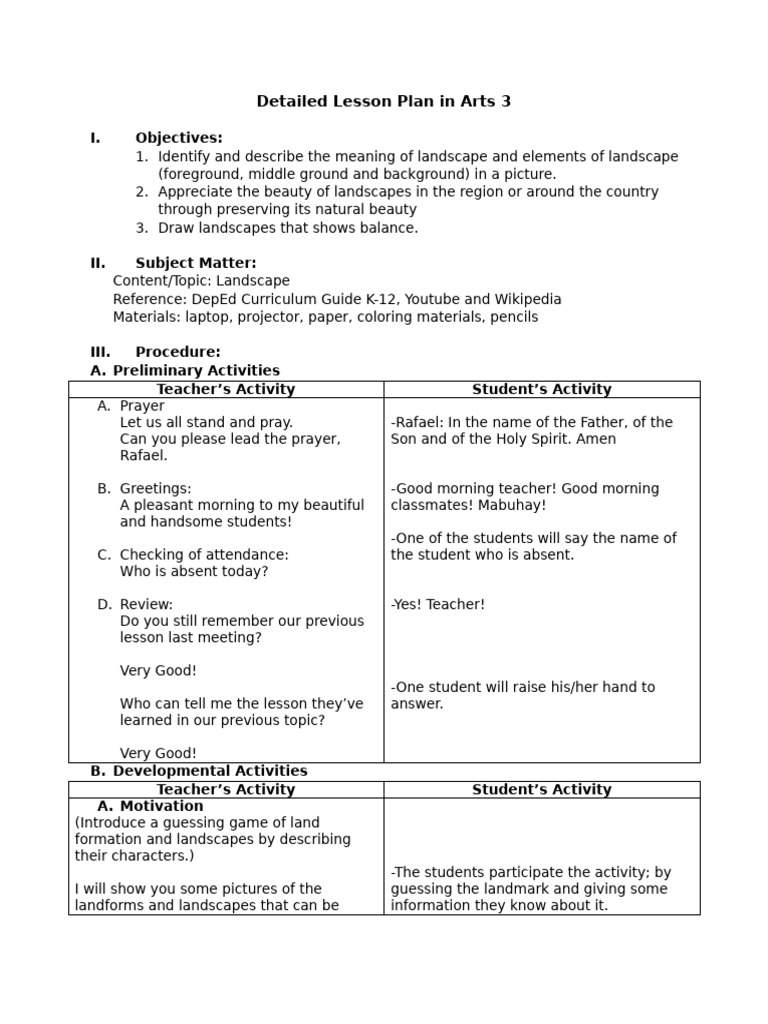 Detailed Lesson Plan in Arts (Landscape) | PDF | Landscape