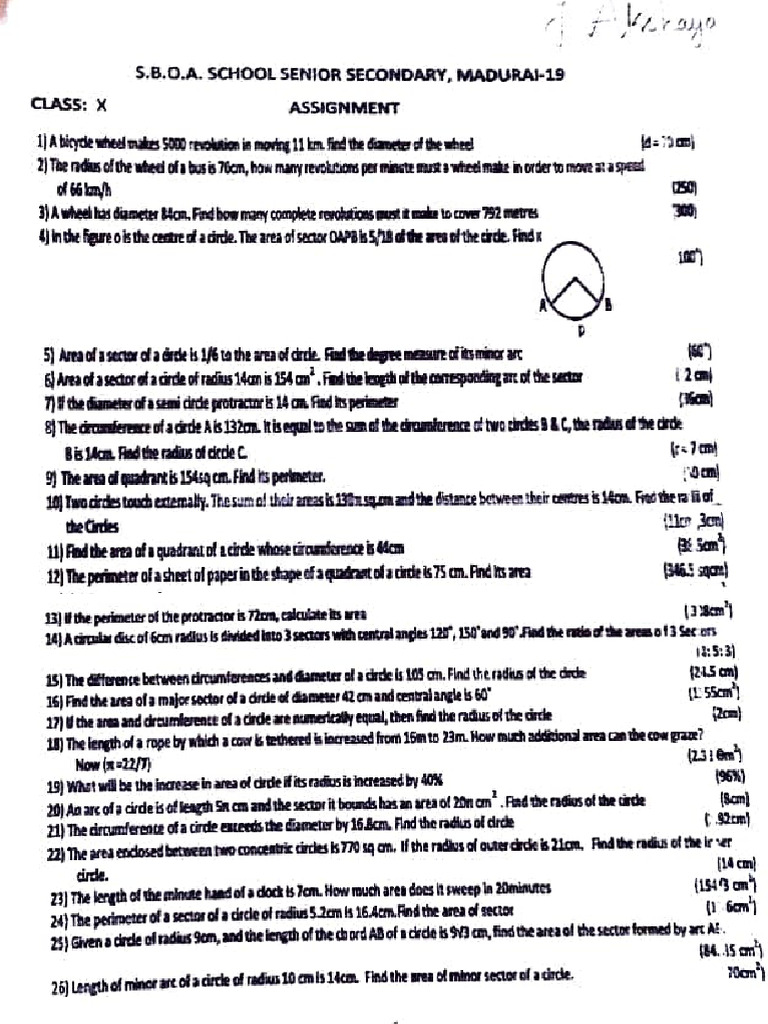 Sboa (Cbse) Class - 10 Worksheet | PDF | Circle | Area