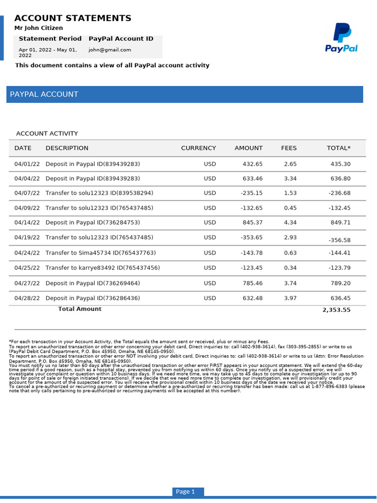 USA PayPal Account Statement | PDF | Pay Pal | Credit Card