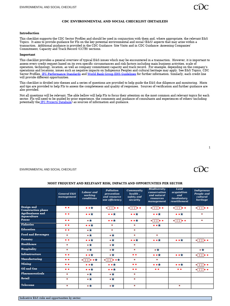 Environmental and Social Risk Checklist | PDF | Occupational Safety And ...