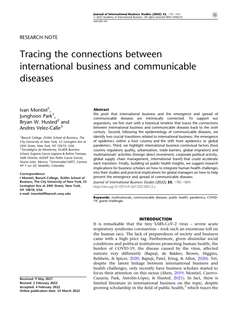 JIBS2022 Tracing The Connections Between International Business and Communicable Diseases | PDF ...