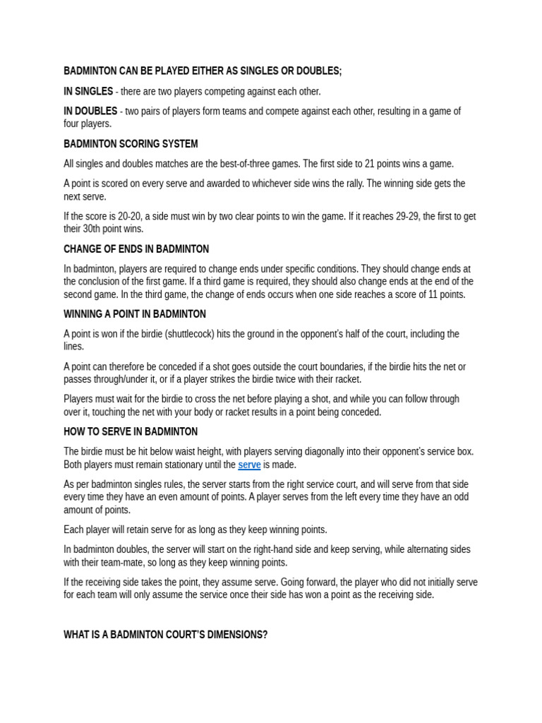 Badminton Rules: Singles, Doubles & Scoring | PDF | Sports | Athletic ...