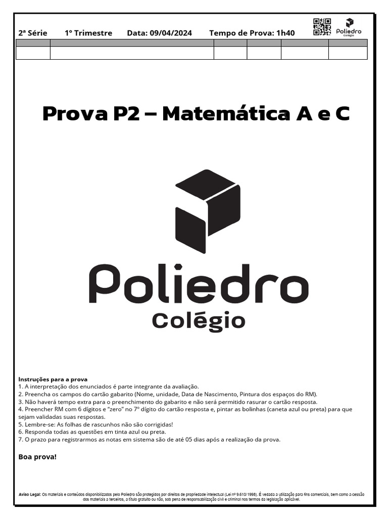 Prova P2 - Matemática A e C - Tipo A | PDF | Propriedade intelectual | Determinante