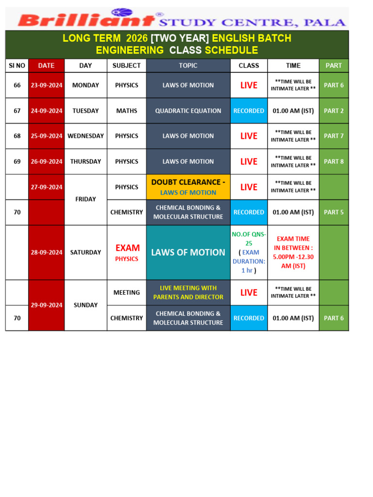Engineering Class Schedule 2024 | PDF