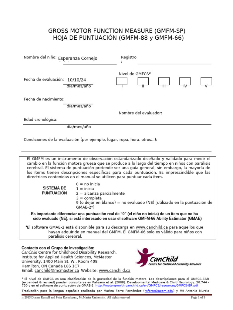 GROSS MOTOR FUNCTION MEASURE HOJA PUNTUACIÓN (Versión Española) | PDF