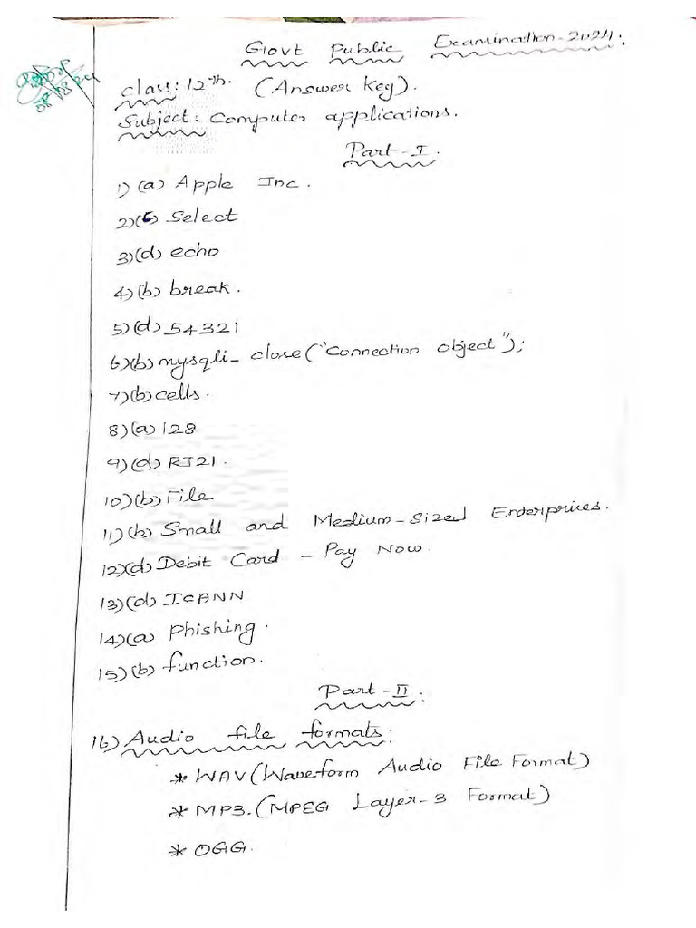 Tamilnadu 12th Computer Application Answer Key March 2024 | PDF