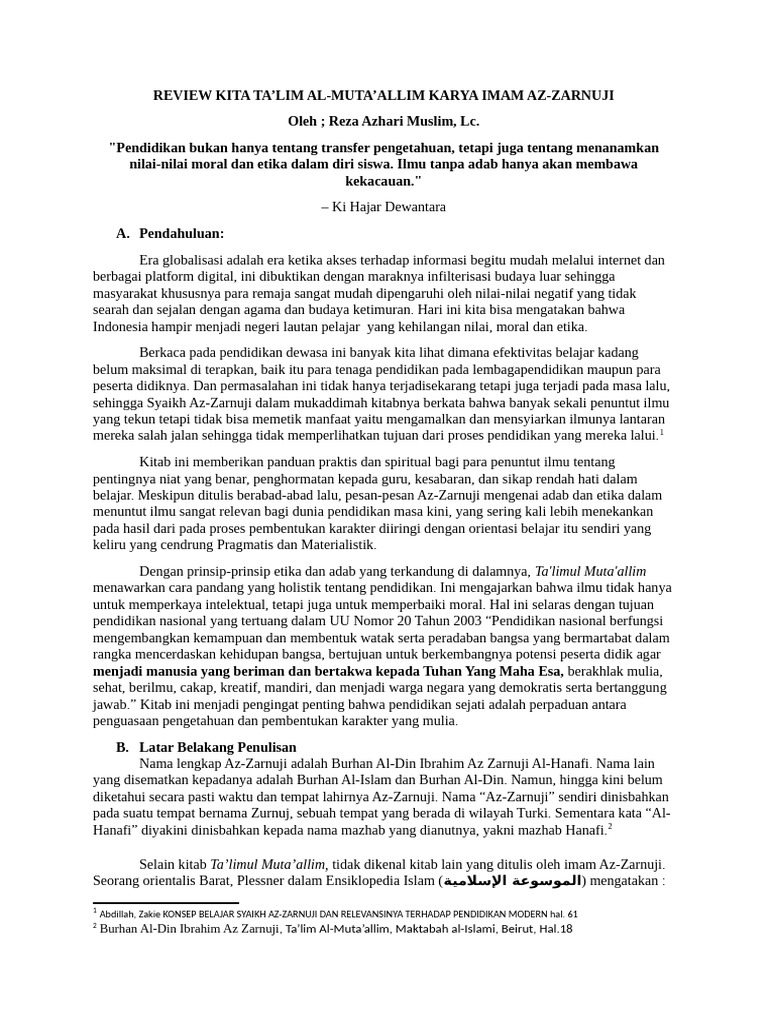 REVIEW PEMIKIRAN AZ ZARNUJI. Reza Azhari Muslim | PDF