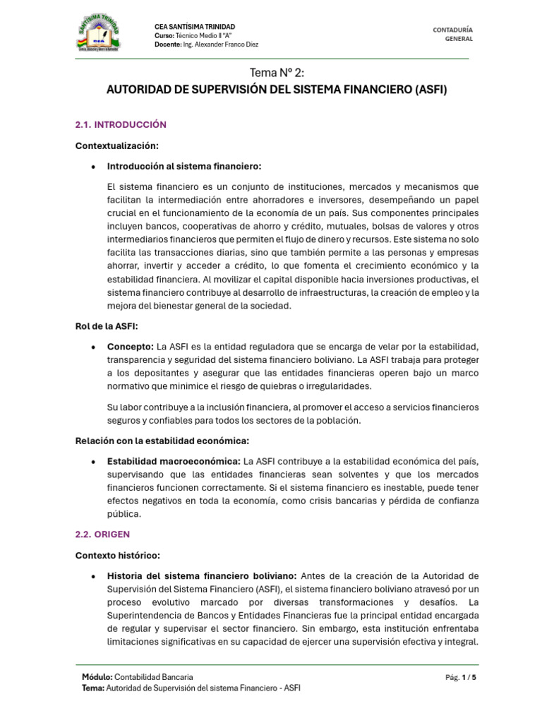 Tema 2 Cont. Bancaria - Asfi | PDF | Sistema financiero | Bancos
