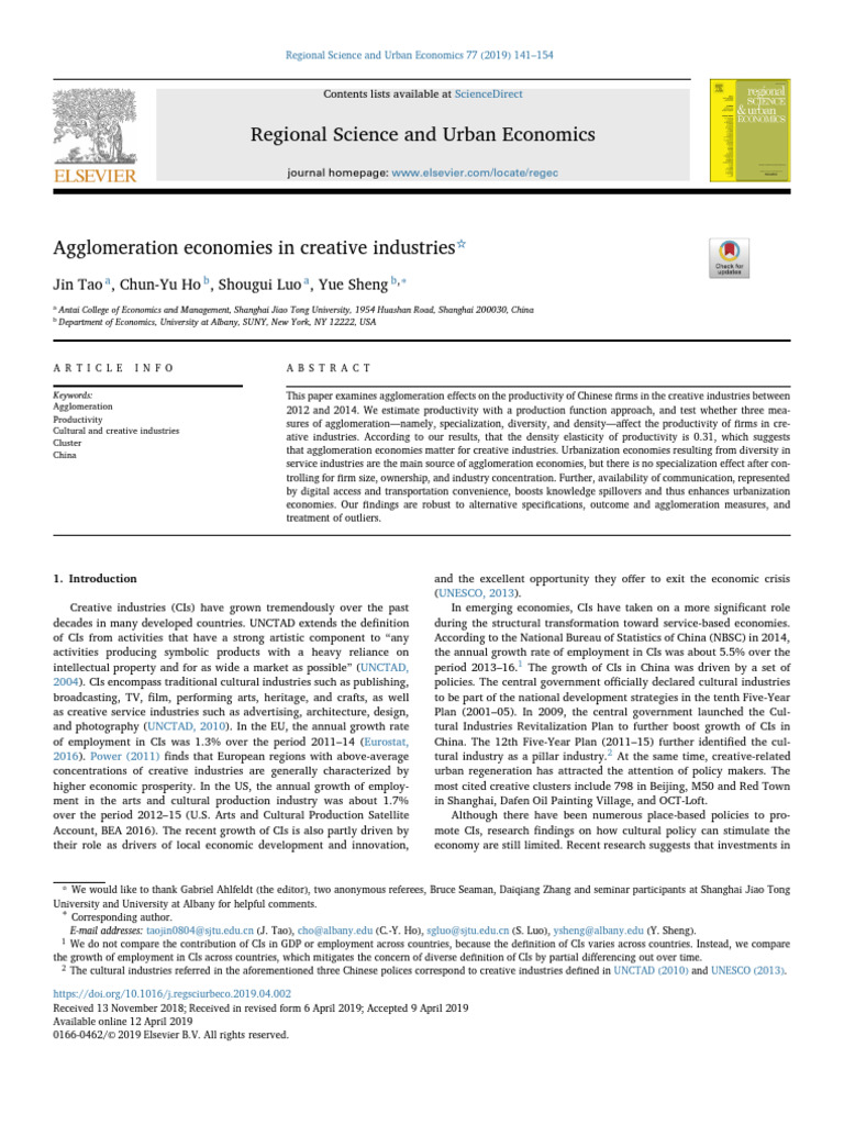 Agglomeration Economies in China's Creative Industries | PDF | Labour Economics | Economies