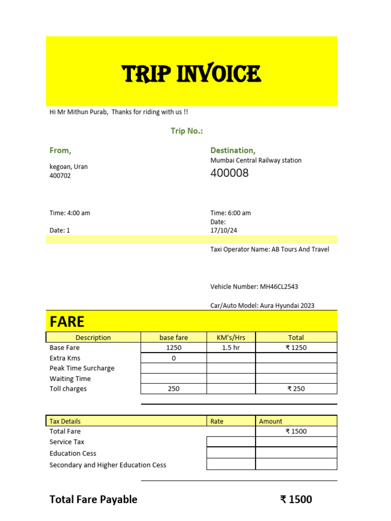 Trip Invoice: Total Fare Payable 1500 | PDF