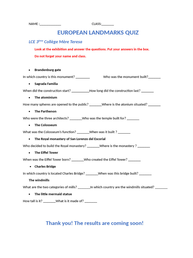 EUROPEAN LANDMARKS QUIZ | PDF