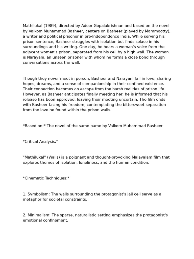 Critical Appreciation of Mathilukal | PDF | Young Adult | General Fiction