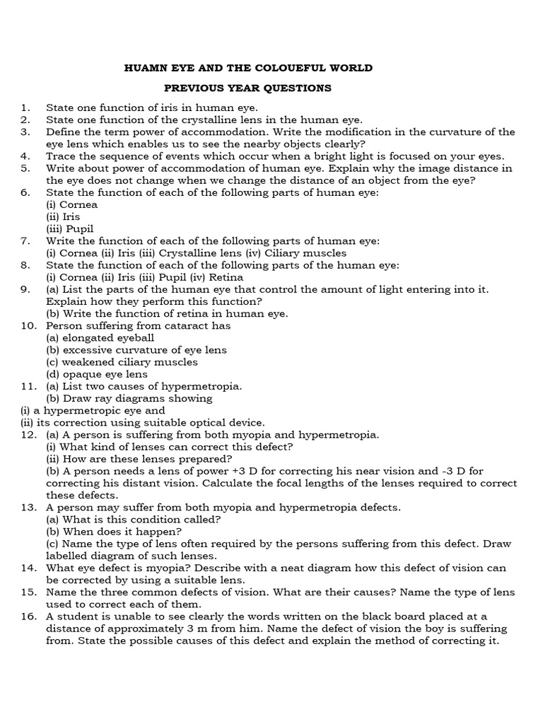 Human Eye and The Colourful World Question Bank | PDF | Human Eye | Sunset