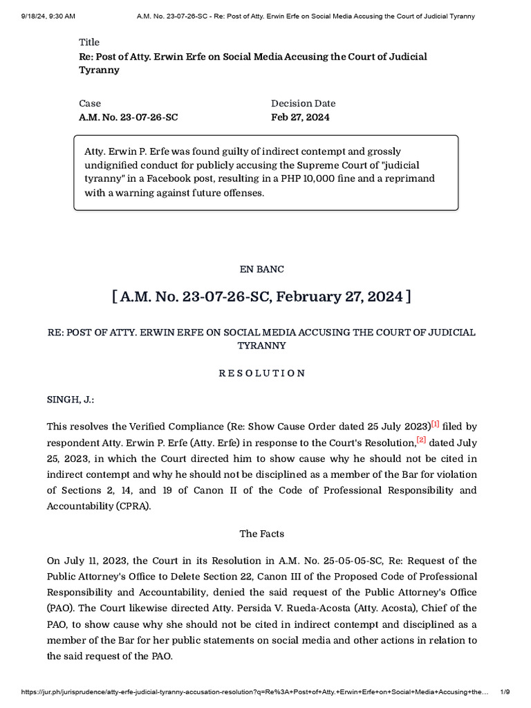 05 A.M. No. 23-07-26-SC - Re - Post of Atty. Erwin Erfe On Social Media ...