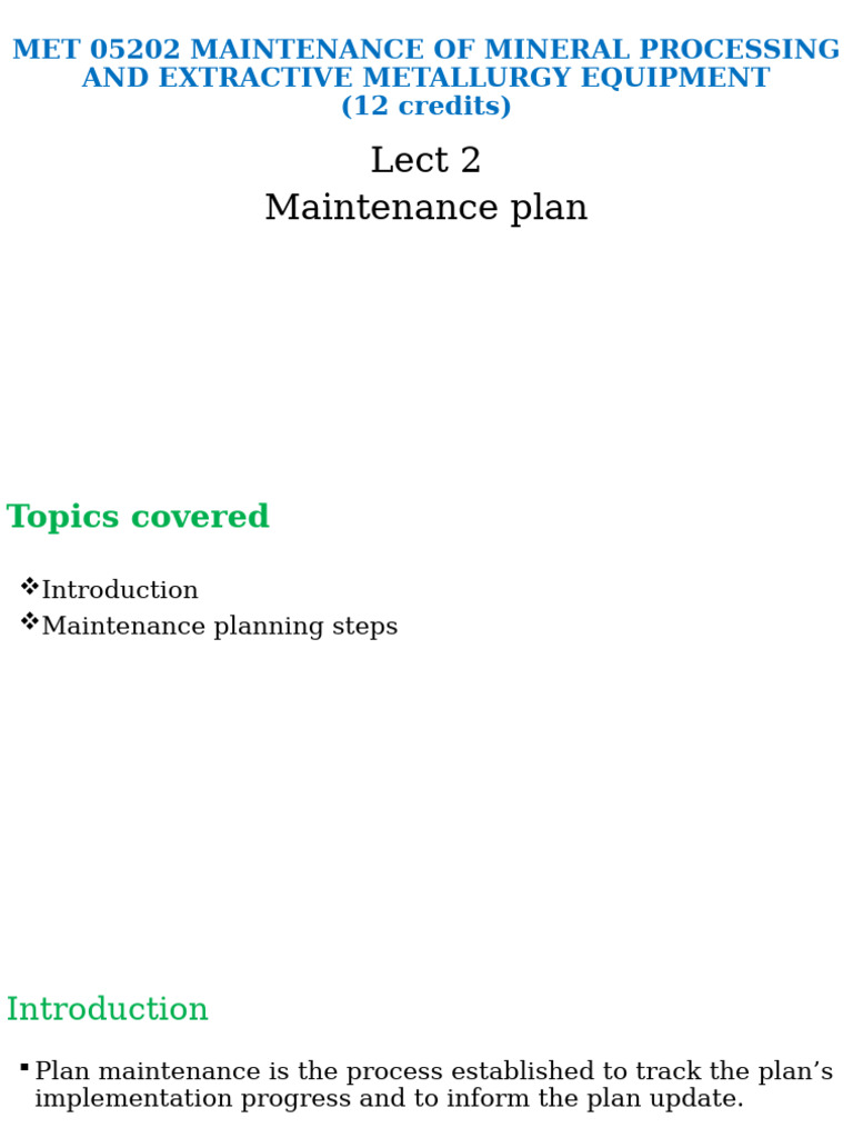 Lect 2 Maintenance Plan | PDF | Business