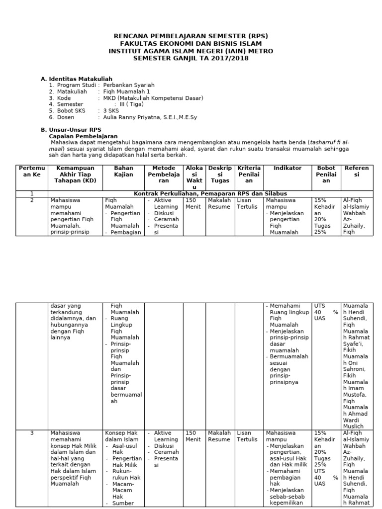 Contoh Rencana Pembelajaran Semester (RPS) | PDF