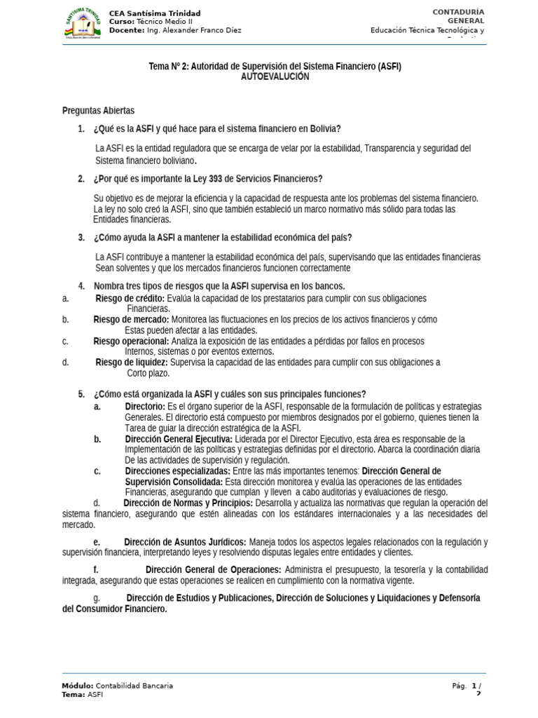 Cuestionario Cont. Bancaria - Tema 2 - Asfi | PDF | Bancos | Sistema financiero