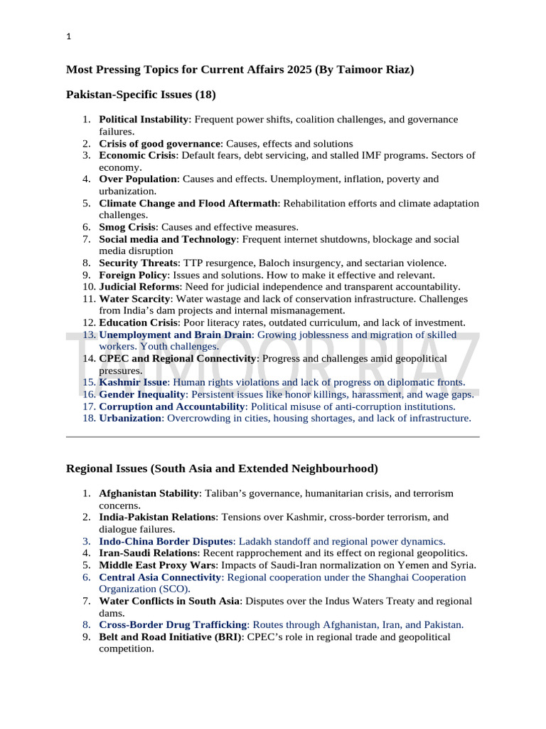 Most Pressing Topics For Current Affairs 2025 | PDF | International ...