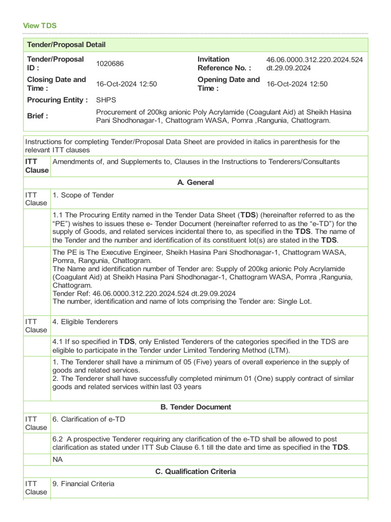 Section2 - Tender Data Sheet (TDS) | PDF