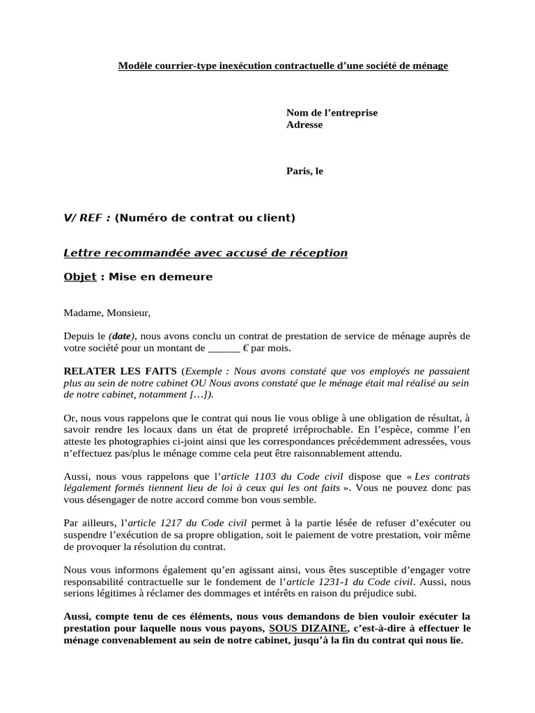 Mise en demeure pour non-respect contrat ménage | PDF | Justice | Crime ...