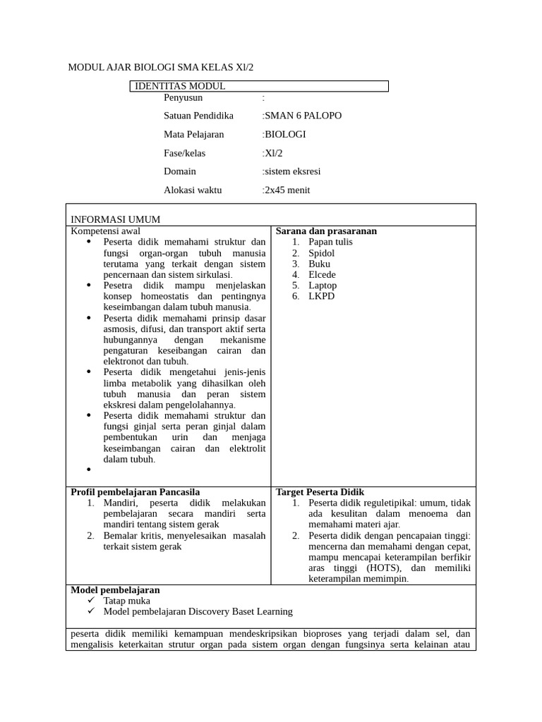 Modul Ajar Biologi Kelas 11: Sistem Eksresi | PDF