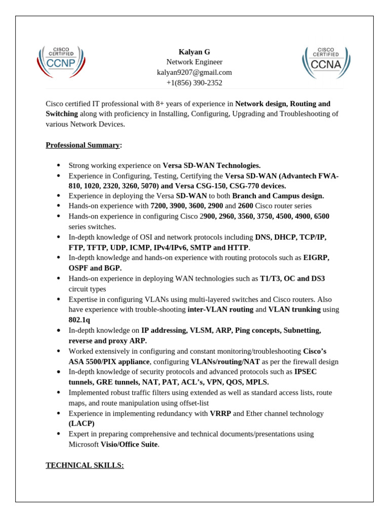 Kalyan N E Resume | PDF | Computer Network | Network Switch