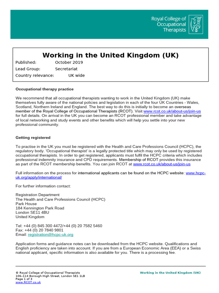Working in The UK Info Sheet - Oct 2019 | PDF | Occupational Therapy ...