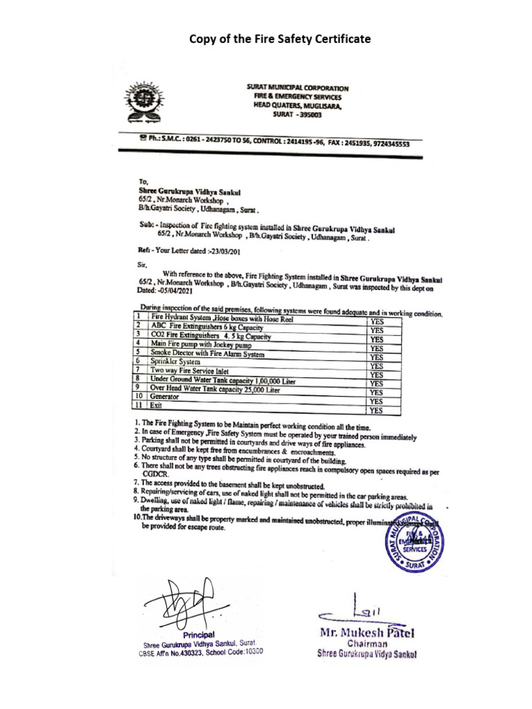 Fire Safety Certificate Document | PDF