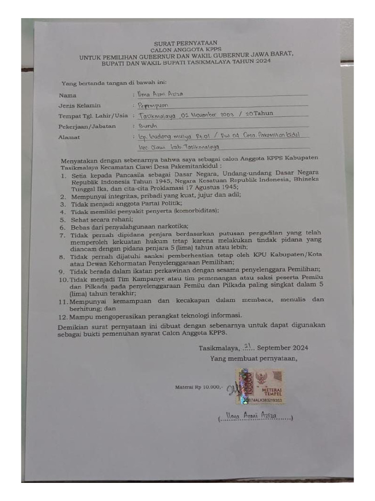 Surat Pernyataan Anggota KPPS | PDF