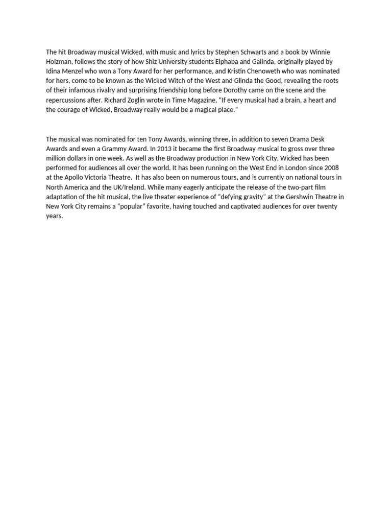 The Hit Broadway Musical Wicked | PDF | Art | Young Adult