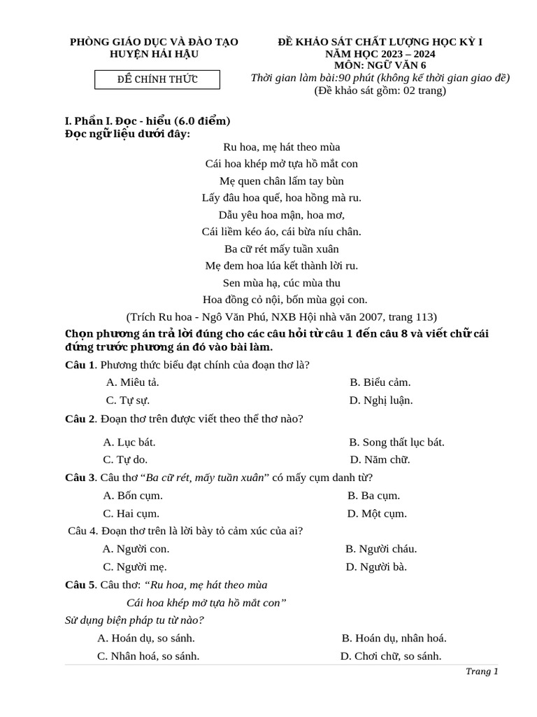 ĐỀ-HDC NV6 KÌ I 23-24 (Chuẩn) | PDF