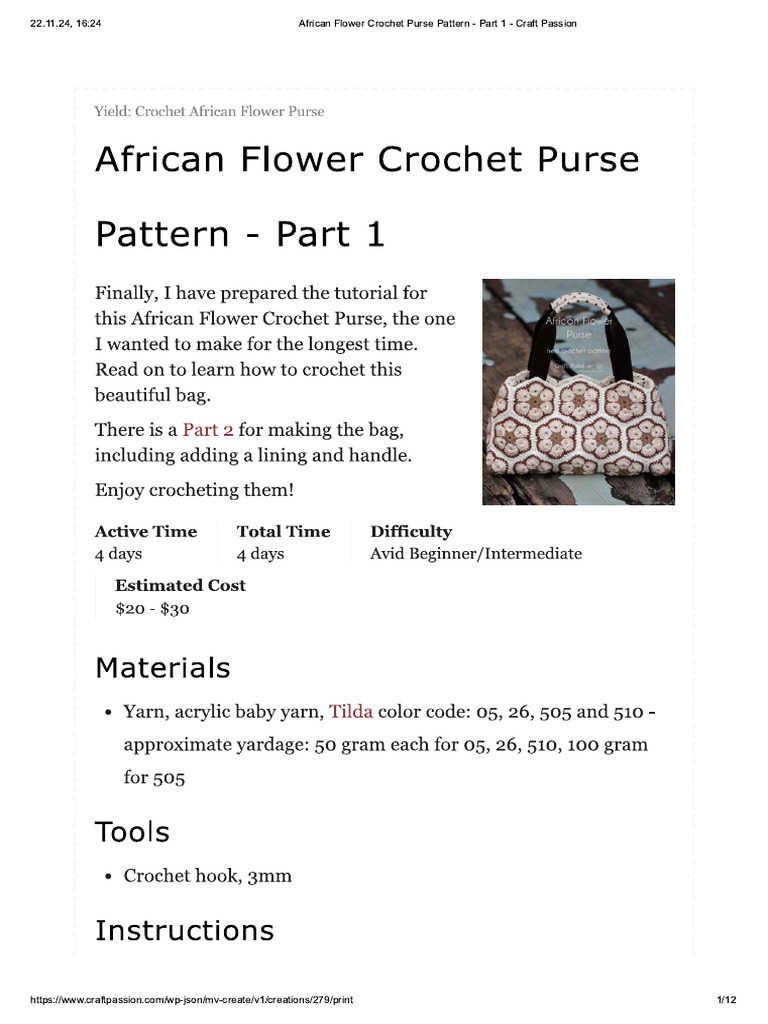 African Flower Crochet Purse Pattern - Part 1 - Craft Passion | PDF