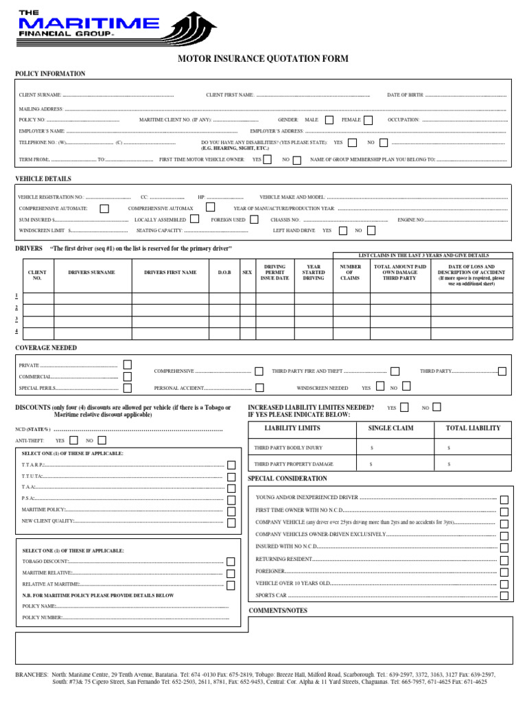 Motor Insurance Quotation Form | PDF | Insurance | Deductible