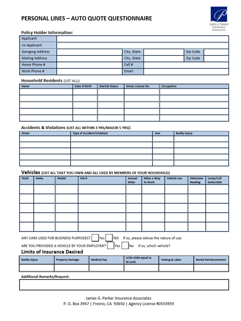 JGP PL Auto Quote Questionnaire | PDF | Land Transport | Motor Vehicle