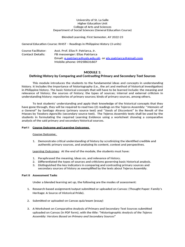 RHist Module 1 S1 AY22-23 Revised | PDF | Cognition | Human Communication