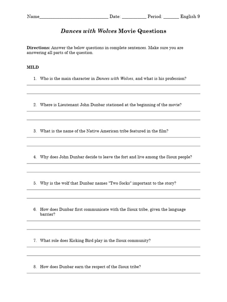 Movie Questions - Dances With Wolves | PDF
