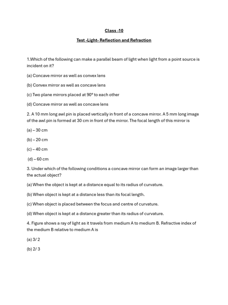 Class-10 Test - Light Reflection and Refraction | PDF | Mirror | Optics