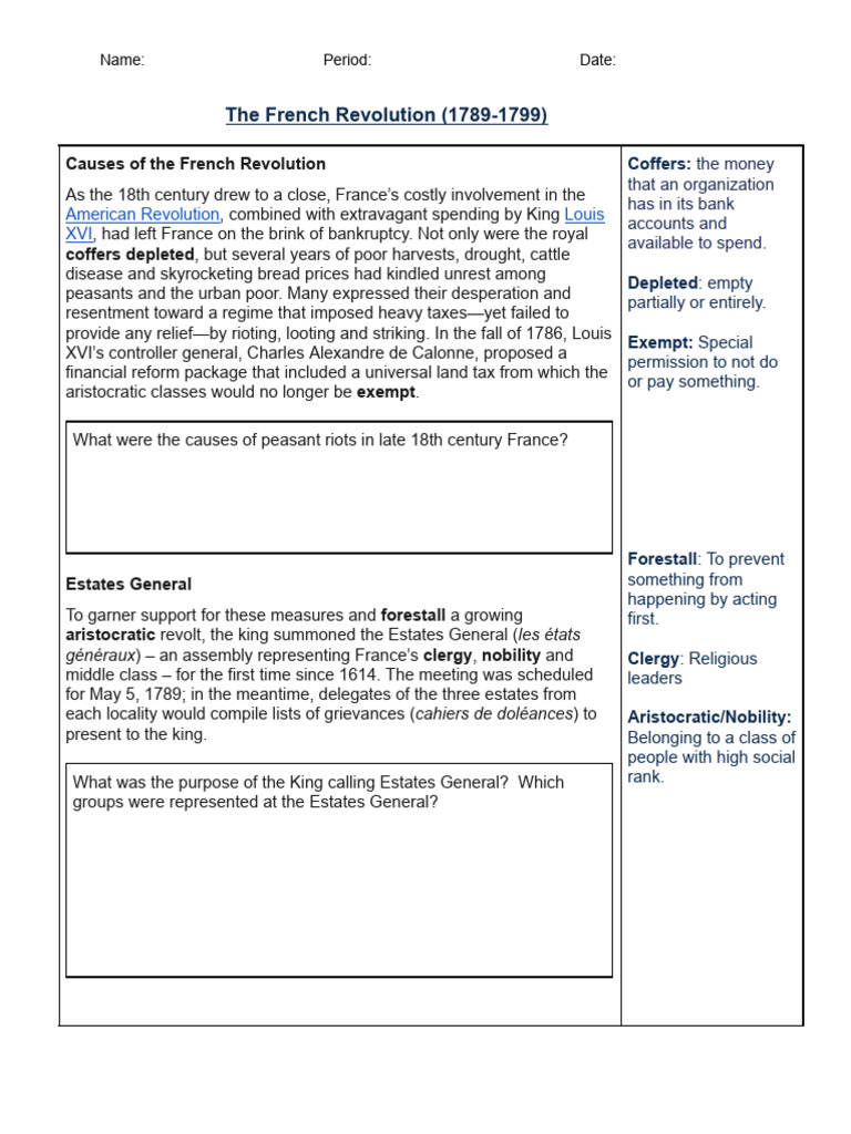 The French Revolution Overview Reading | PDF | Reign Of Terror | French ...