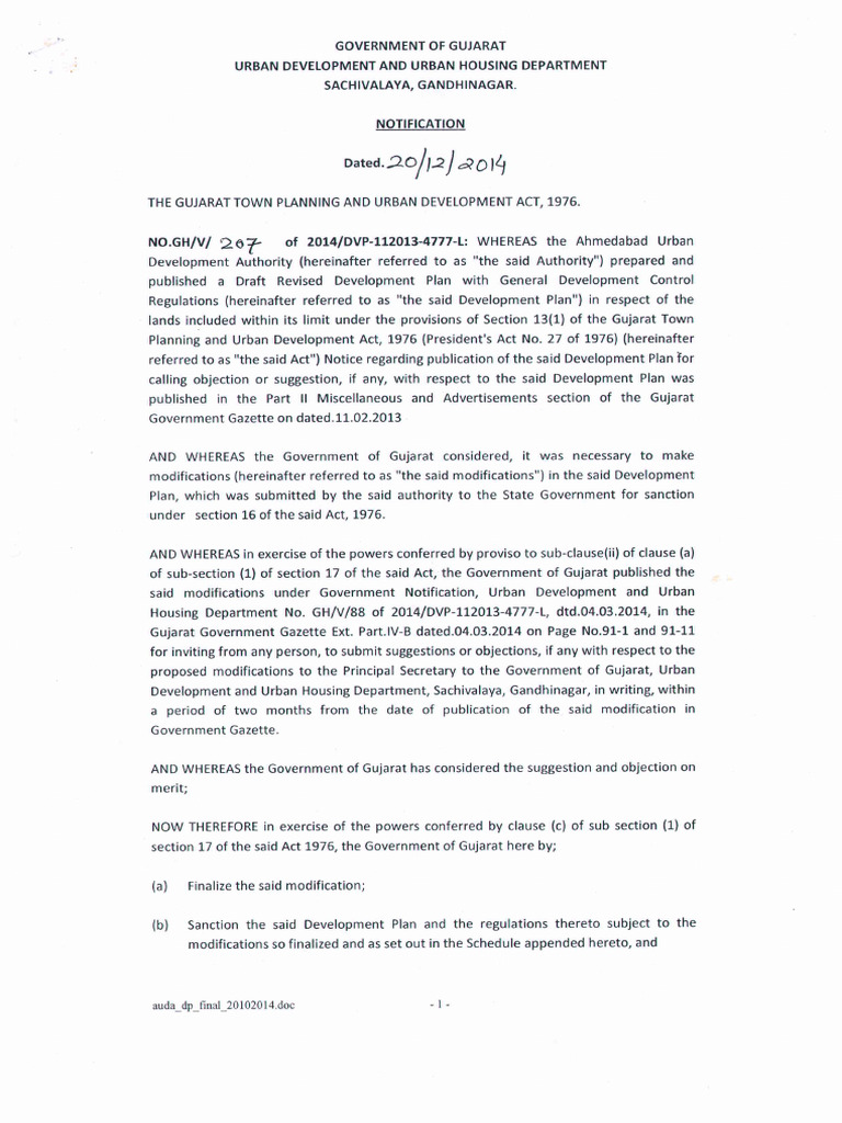 Notication of AUDA Sanctioned Revised Development Plan | PDF