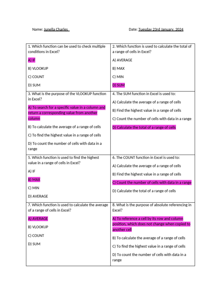 Junella Charles - 4 Star Excel Quiz | PDF | Microsoft Excel | Computing