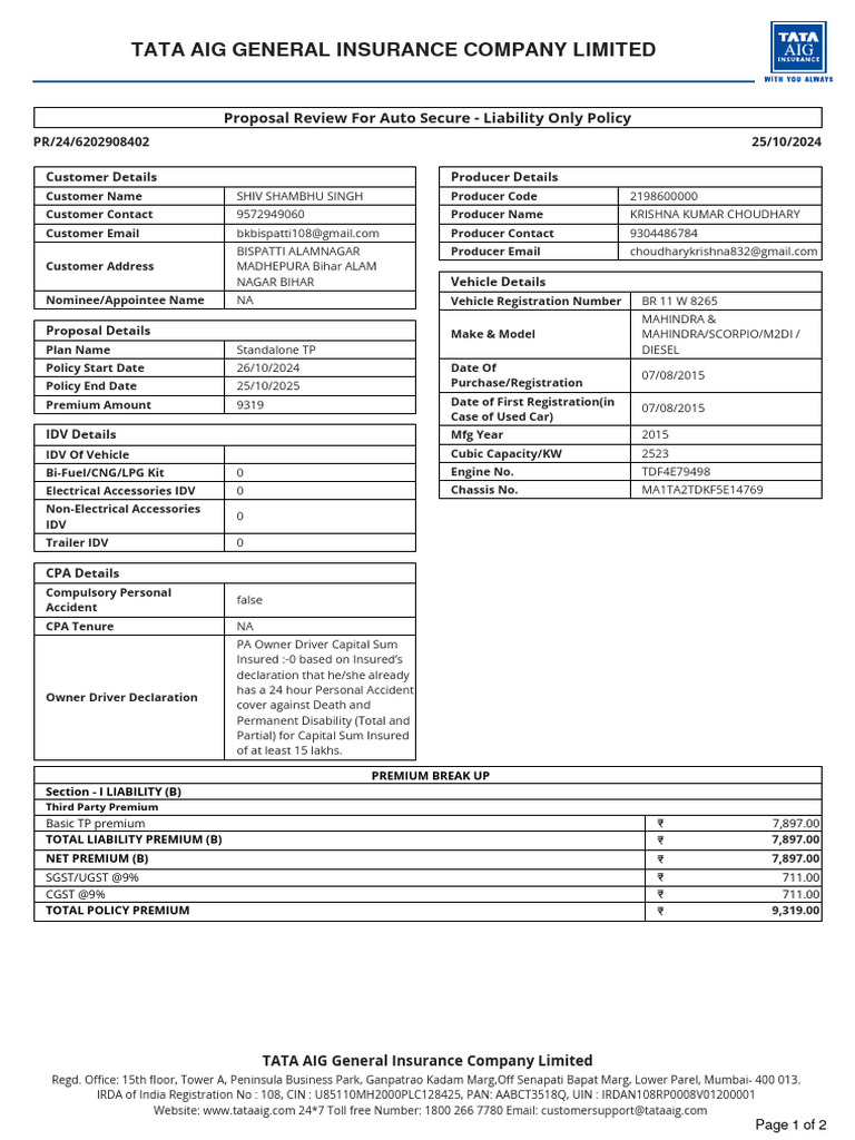 Tata AIG Motor Review Proposal 3184 PR 24 6202908402 | PDF | Insurance | Motor Vehicle