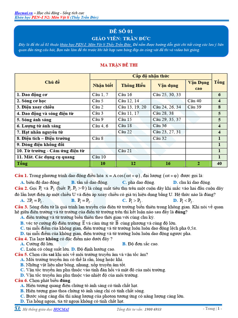 Thay TRAN DUC de Vat Li PEN-I So 1 | PDF