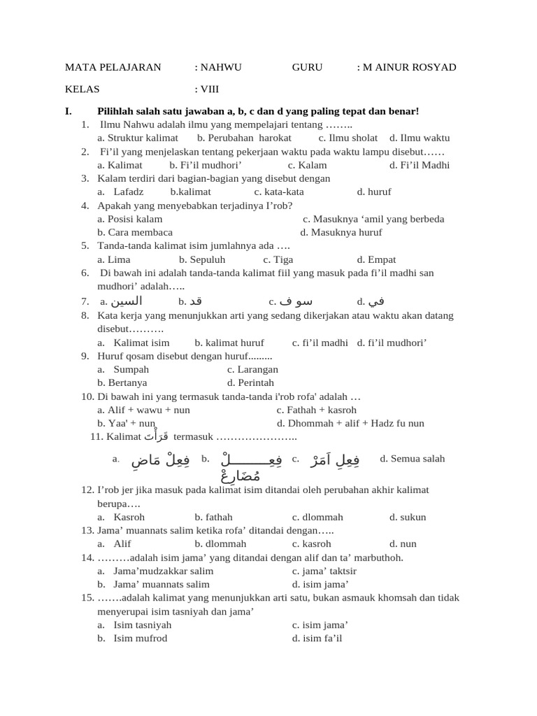 Soal Pas 2 Nahwu 2021-2022 | PDF