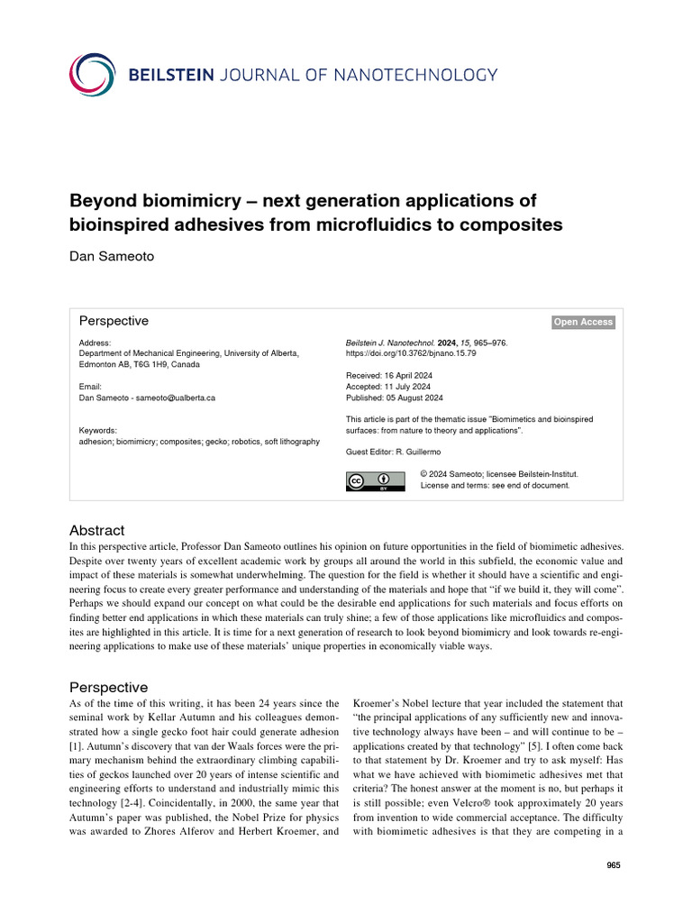 Beyond Biomimicry - Next Generation Applications of Bioinspired Adhesives From Microfluidics To ...